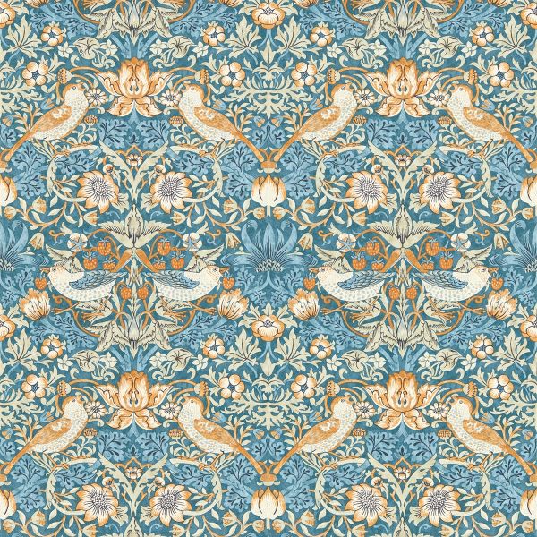 William Morris Strawberry Thief Wallpaper Denim Blue and Spice W0171/02